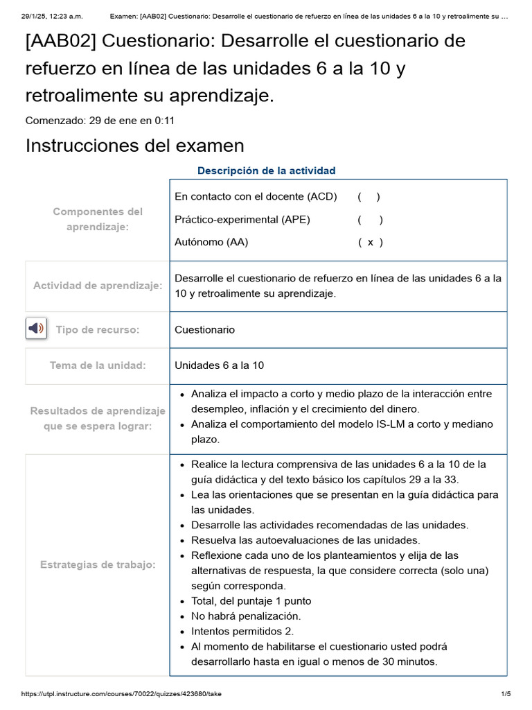 Examen - (AAB02) Cuestionario - Desarrolle El Cuestionario de Refuerzo en Línea de Las Unidades ...