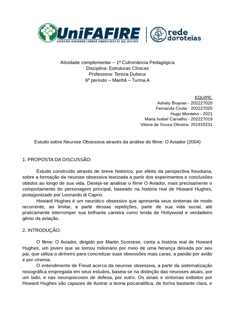 O Aviador - Atividade Complementar 1CP - Est Clinicas | PDF | Transtorno obsessivo compulsivo ...