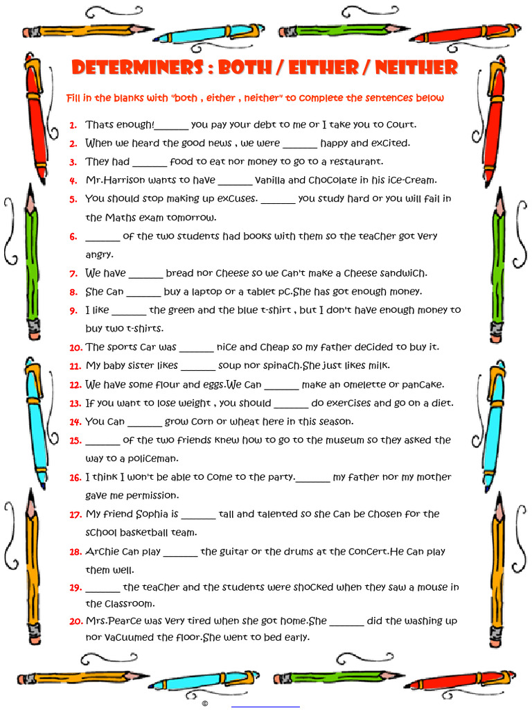 1 Page Determiners Both Either Neither Grammar Esl Exercises Worksheet ...