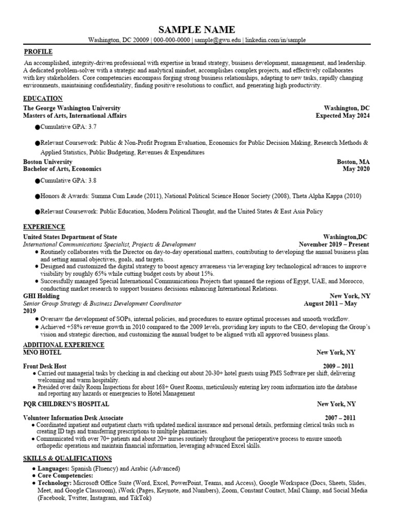 PRIVATE SECTOR RESUME - Profile + Additional Experience Bullets Version ...