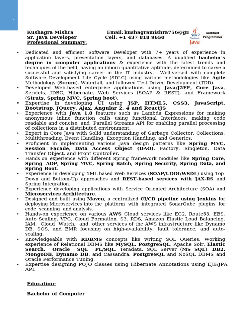 Kushagra mishra Full Stack Resume[1] | PDF | Spring Framework | Software Development