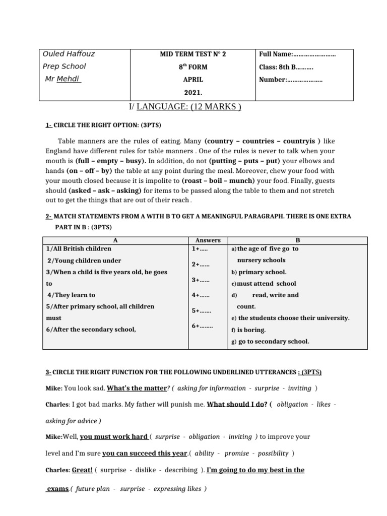 8th Form Mid Term Test n2 Tests 140324 | PDF
