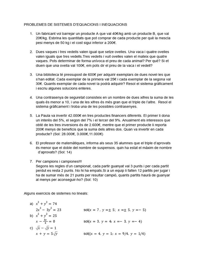 PROBLEMES DE SISTEMES D’EQUACIONS I INEQUACIONS-Repàs èr l'examen. | PDF