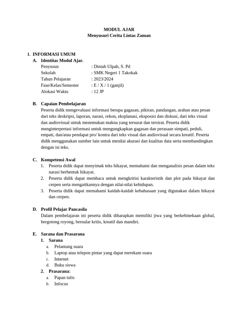 Modul Ajar Hikayat dan Cerpen Kelas X | PDF