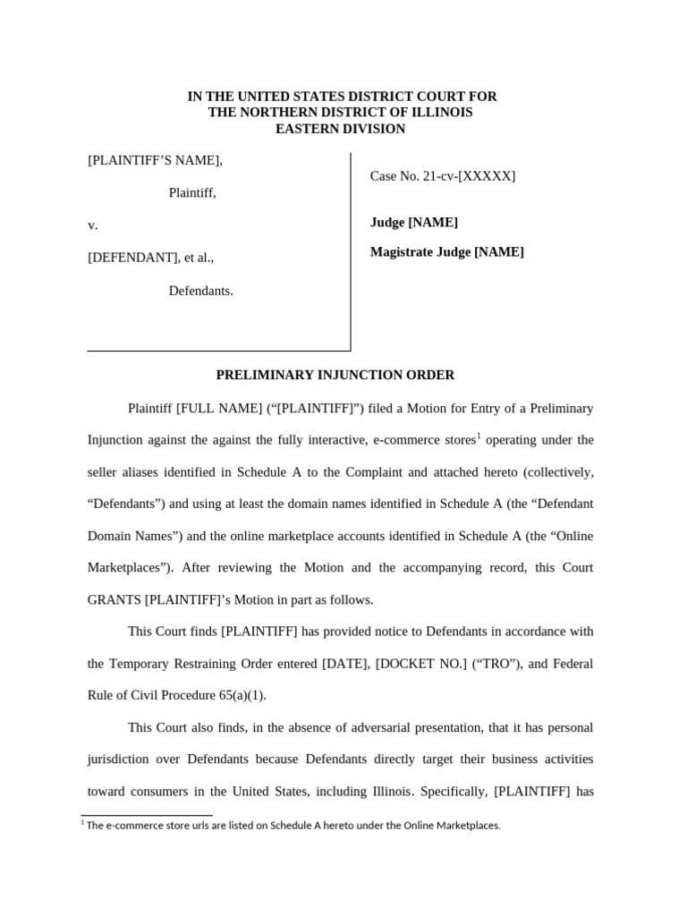 Preliminary Injunction Template | PDF | Injunction | Trademark