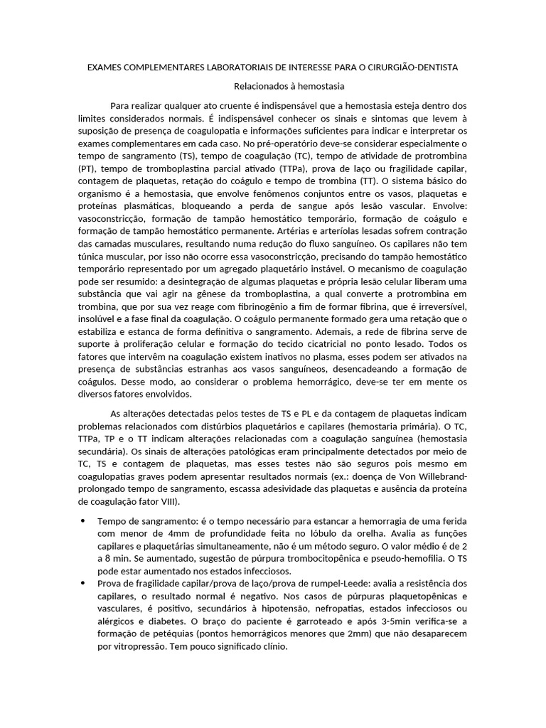 Exames Laboratoriais em Hemostasia Dental | PDF | Hemostasia | Coagulação