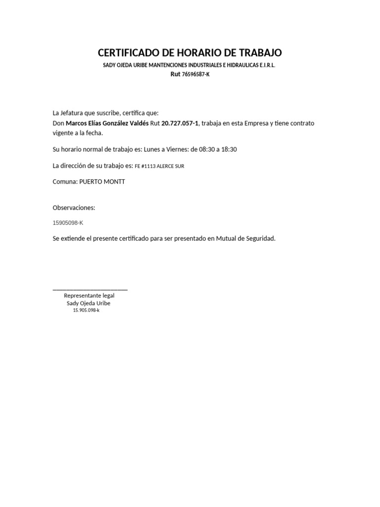 Certificado de Horario Laboral Puerto Montt | PDF