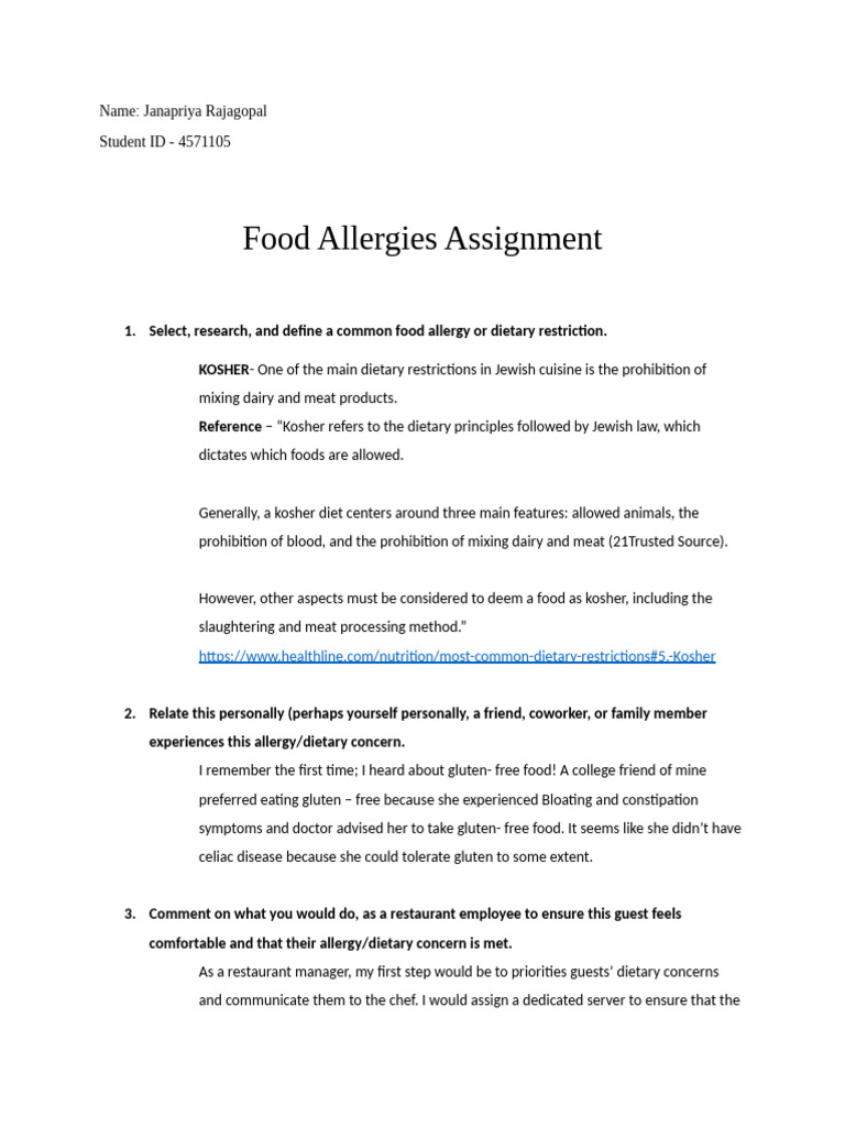 Food Allergies Assignmnent | PDF | Allergy | Food Allergy