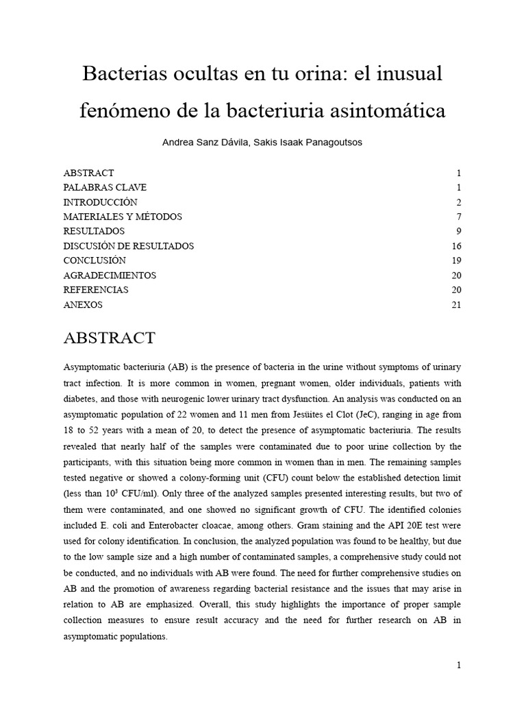 Bacteriuria Asintomática: Estudio y Contaminación | PDF | Infección del ...