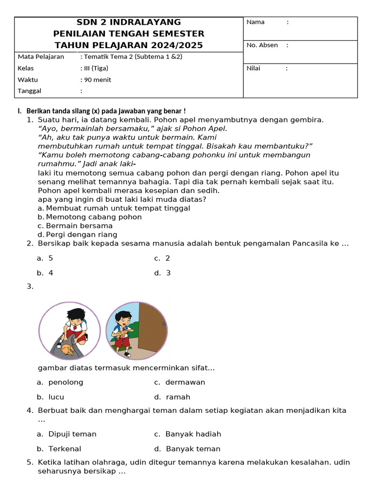 SOAL PTS KELAS 3 TEMA 2 Bagian 1 | PDF