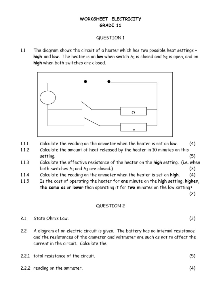 WORKSHEET ELECTRICITY | PDF | Resistor | Electrical Network