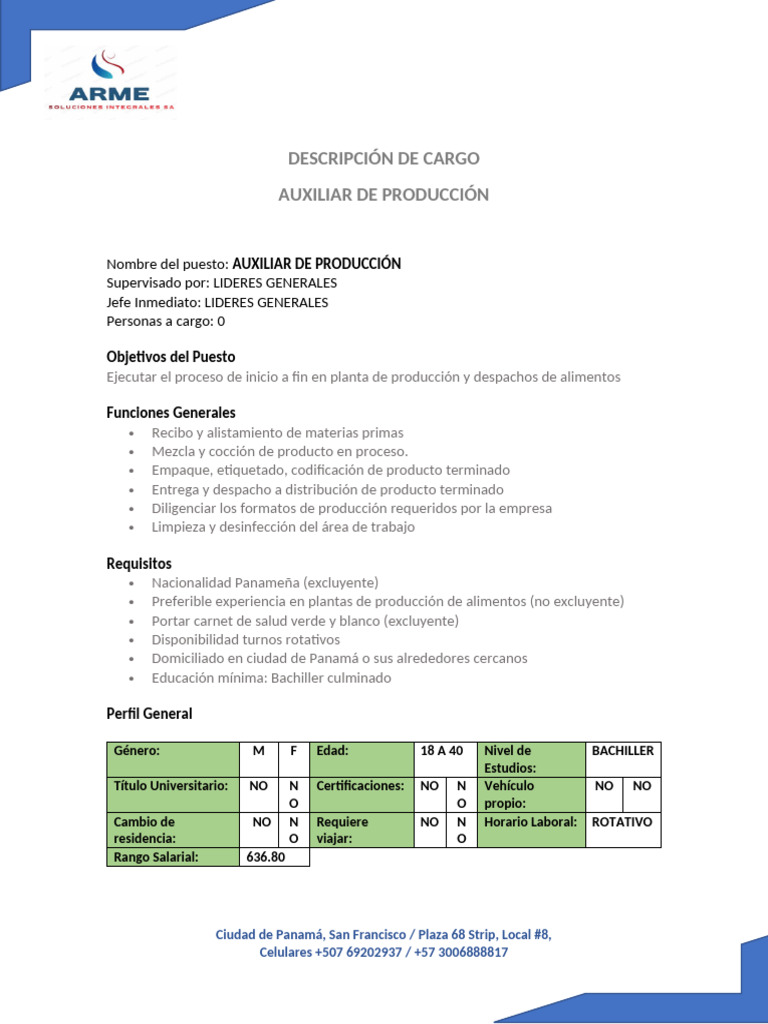 Perfil Auxiliar de Produccion | PDF
