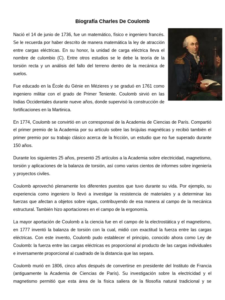 Biografía de Charles Coulomb | PDF | Ciencias fisicas | Astronomía