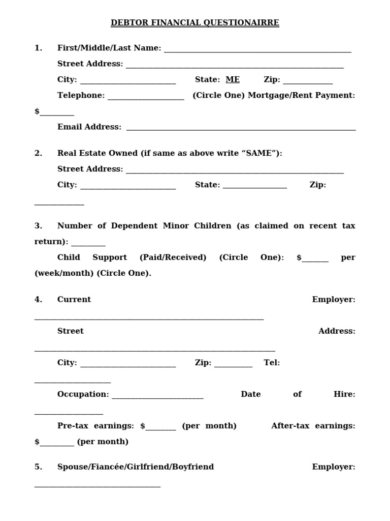 Debtor Financial Questionnaire Form | PDF | Expense | Mortgages