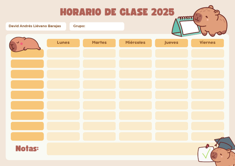 Horario Escolar Semanal Infantil para Niños Capibara Ilustrado | PDF