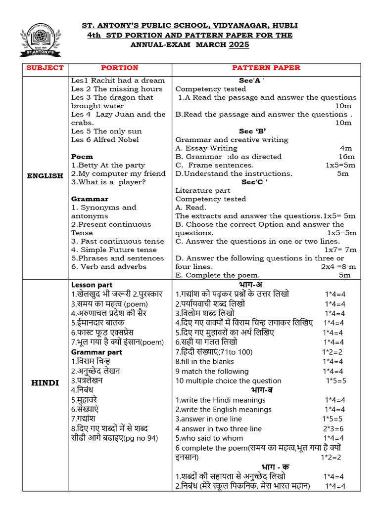 4th std Annual exam Pattern & portion 2025 (1) | PDF | Circle | Angle