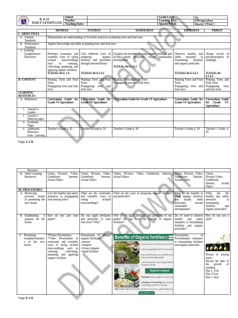 DLL EPP Agriculture Grade6 Quarter2 Week5 (Palawan Division) | PDF | Fertilizer | Curriculum