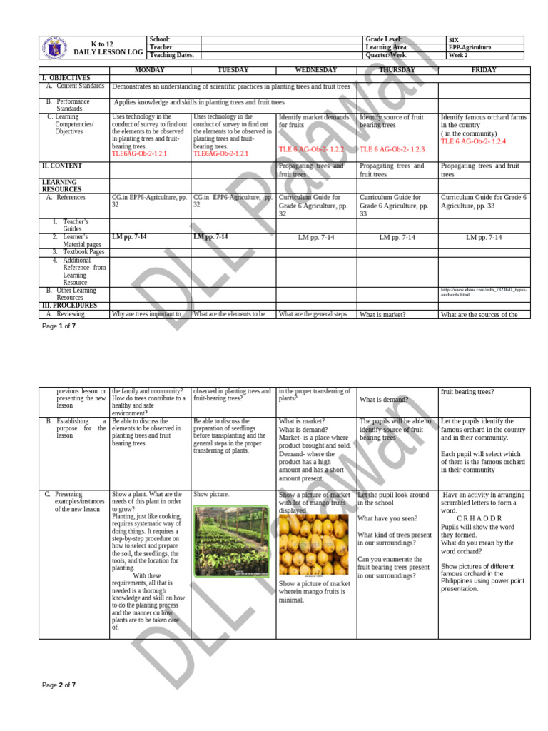 DLL EPP Agriculture Grade6 Quarter2 Week2 (Palawan Division) | PDF | Plants | Trees