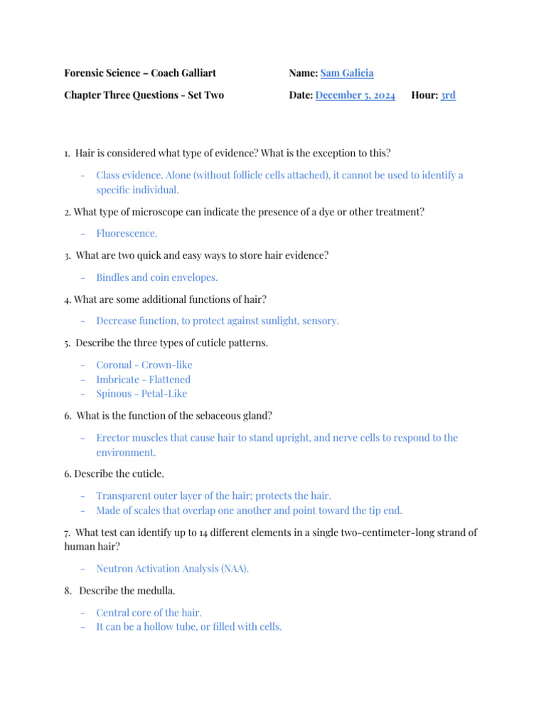 Chapter Three Questions - Set Two | PDF | Hair