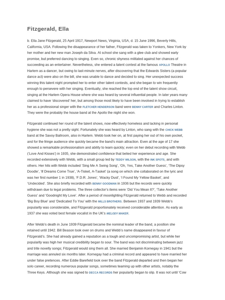 Ella Fitzgerald Bio Long | PDF | Jazz | African American Music