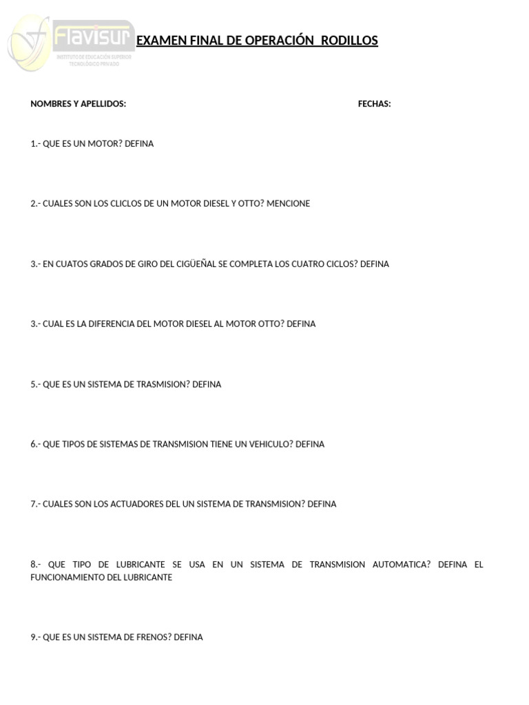 Examen Final de Operación - Rodillos | PDF | Ingeniería mecánica ...