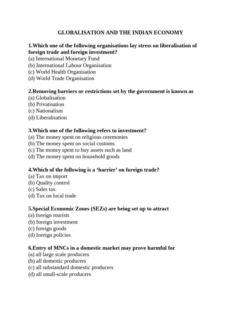 14.MCQS - Globalisation and The Indian Economy-Questions | PDF | Multinational Corporation ...