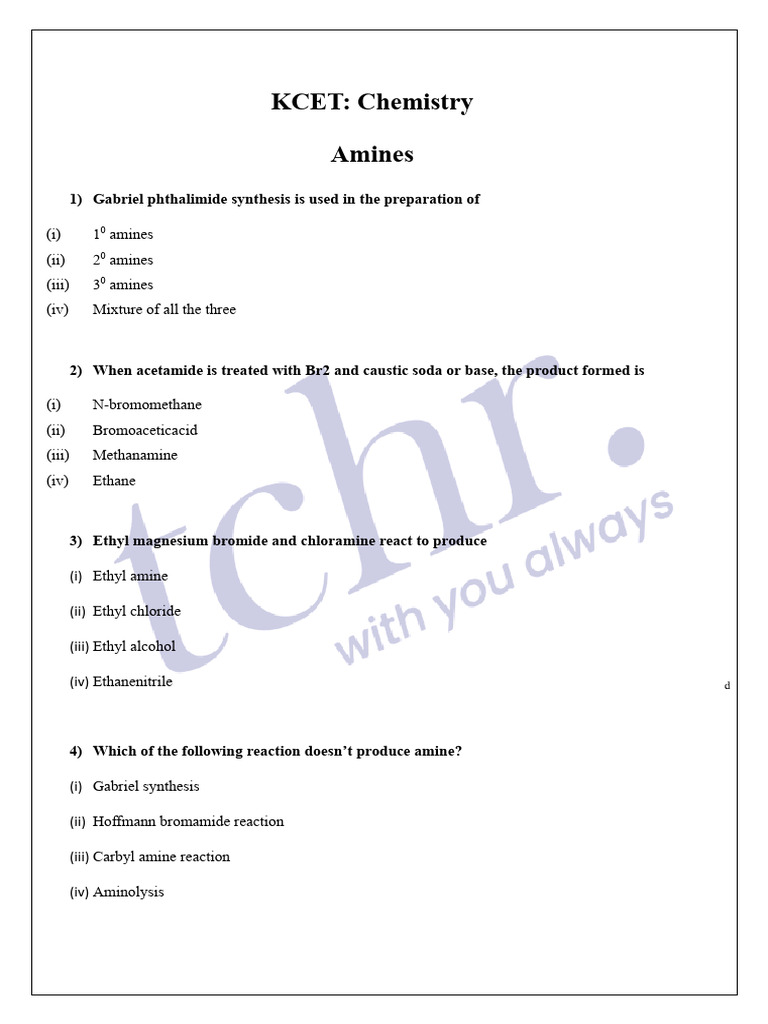 KCET Chemistry: Amines Practice Questions | PDF | Amine | Organic Chemistry