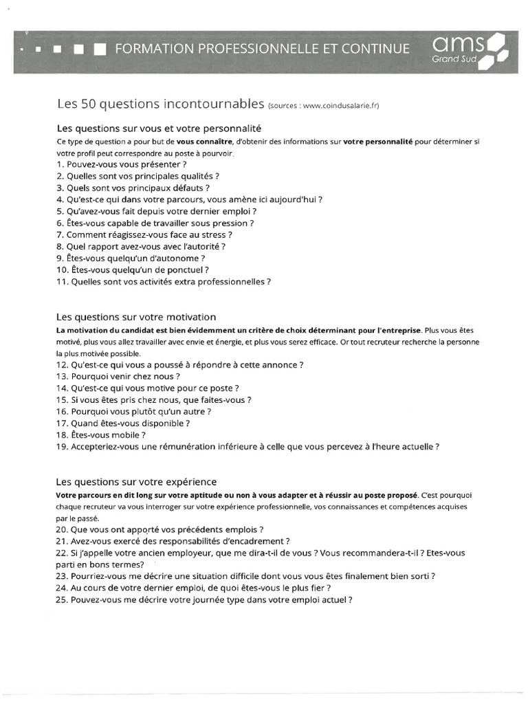 50 Questions en Entretien | PDF