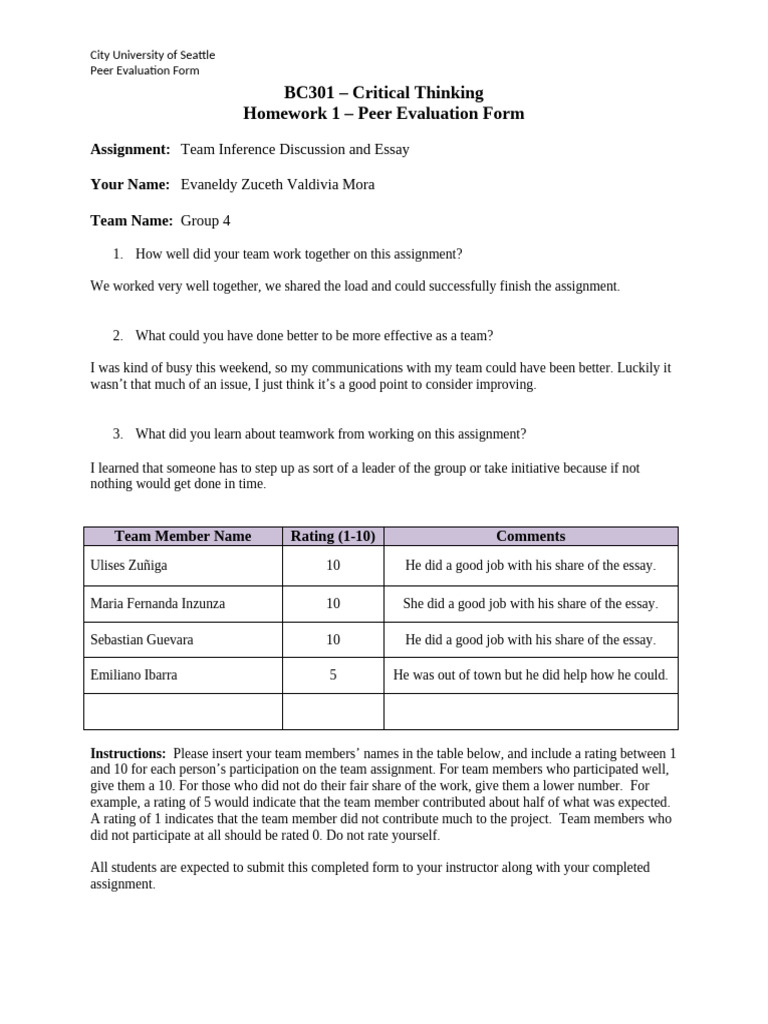 BC301 Peer Evaluation Form | PDF