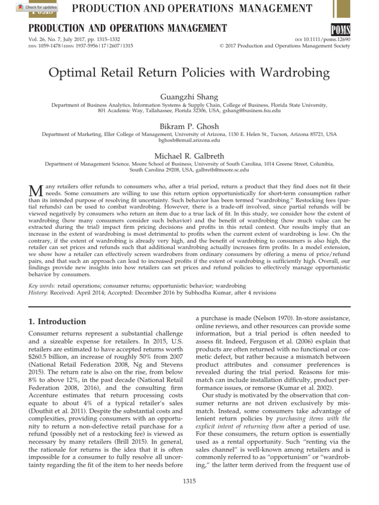 Shang Et Al 2017 Optimal Retail Return Policies With Wardrobing | PDF | Retail | Behavior