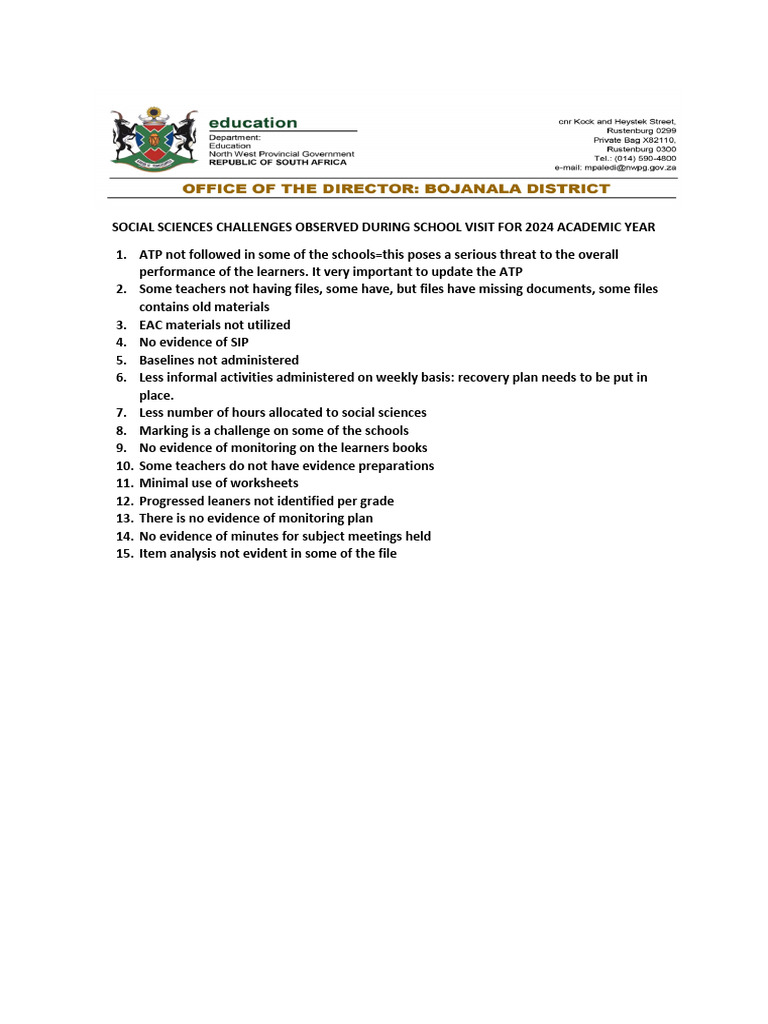 Social Sciences Challenges Observed During School Visit For 2024 ...