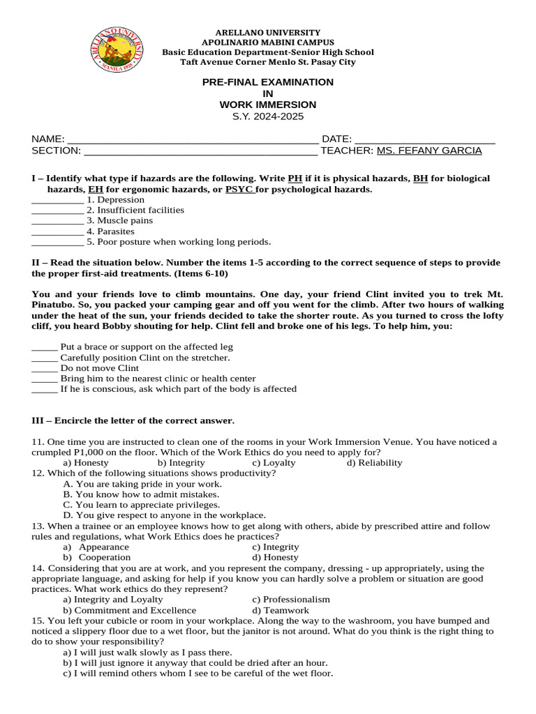 Prelim 3RD Work-Immersion | PDF | Confidentiality | Employment
