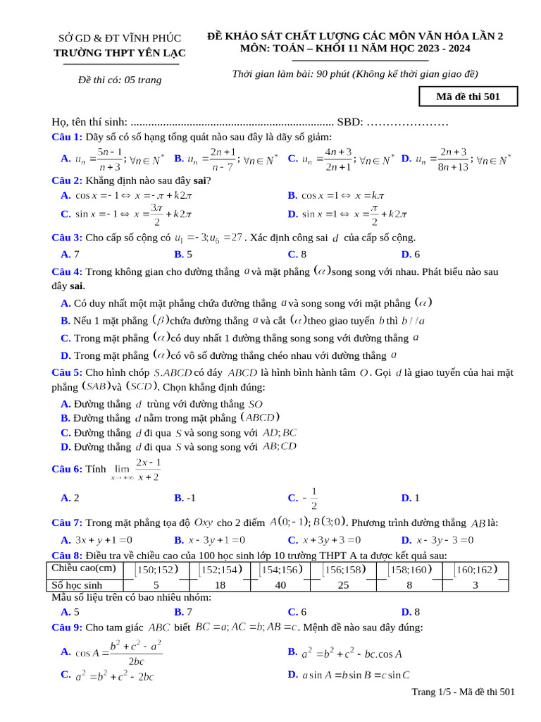 11.2. Mã 501_Toán_KS11_Lần 2_2023-2024 | PDF