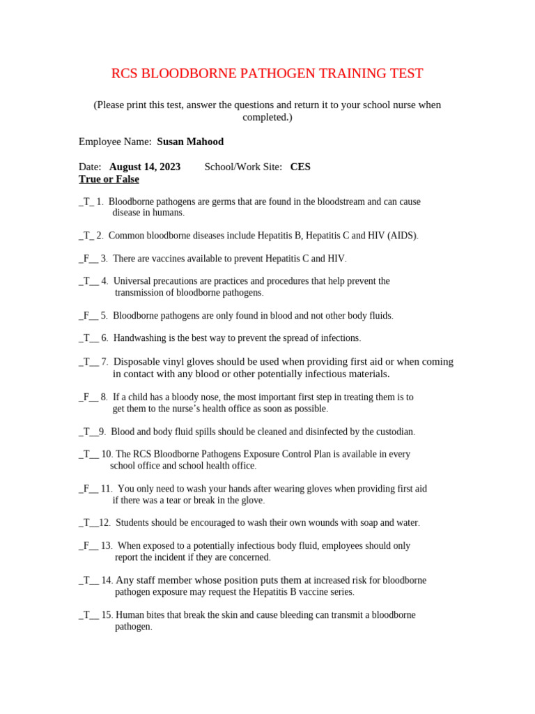 Bloodborne Pathogen Test | PDF