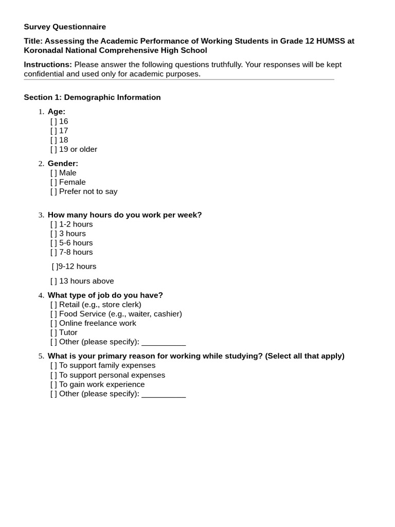 GRROUP 5 Survey Questionnaire | PDF | Behavioural Sciences