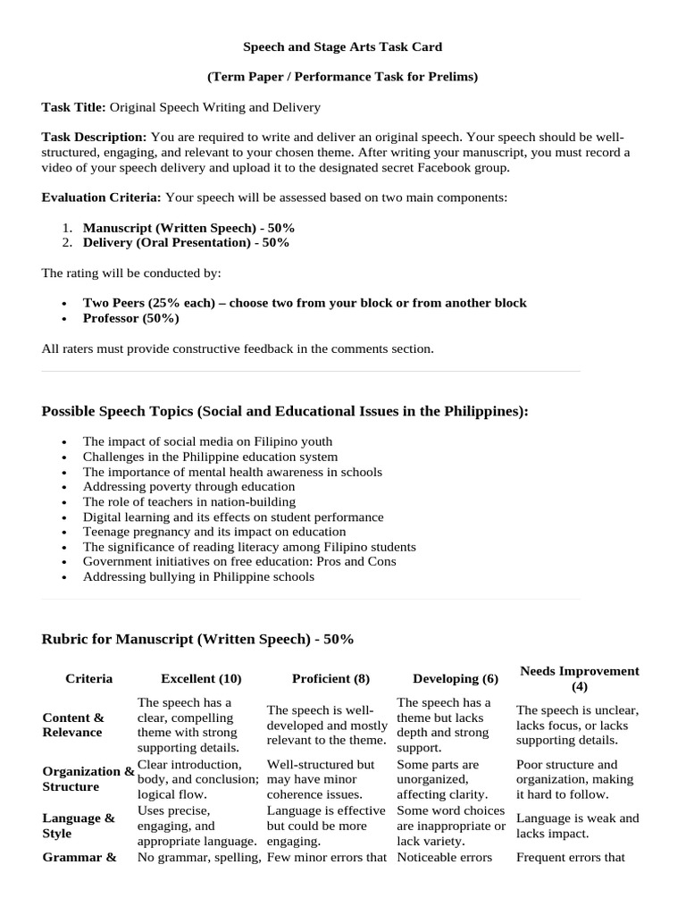 Speech and Stage Arts Task Card | PDF | Tone (Linguistics) | Linguistics