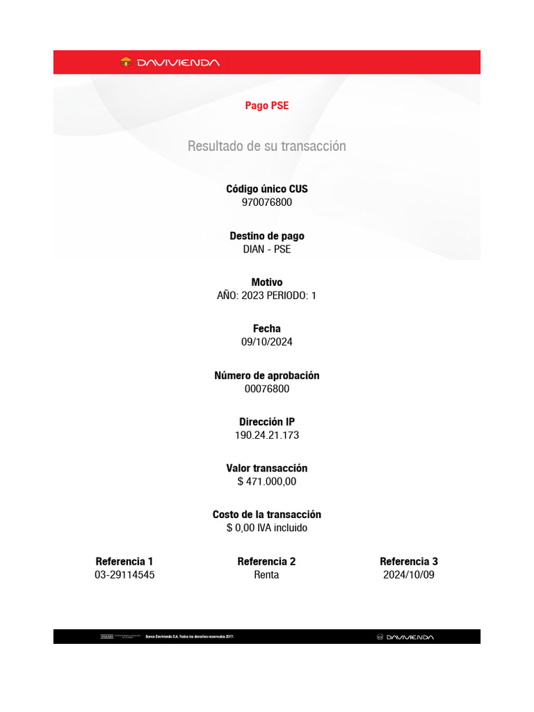 Confirmación Pago PSE a DIAN 2023 | PDF