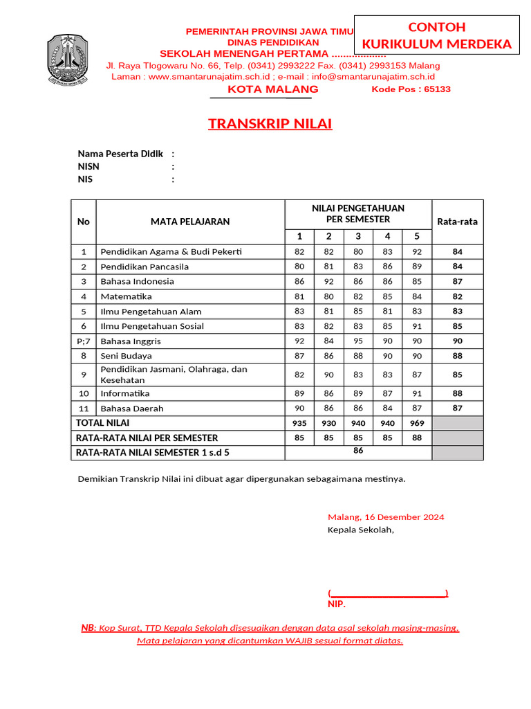 Contoh Transkrip Nilai Kurikulum Merdeka | PDF