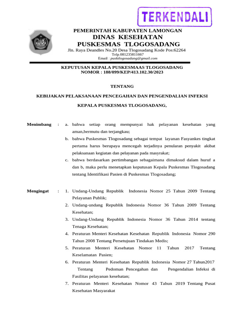 Kebijakan Pengendalian Infeksi Puskesmas Tlogosadang | PDF