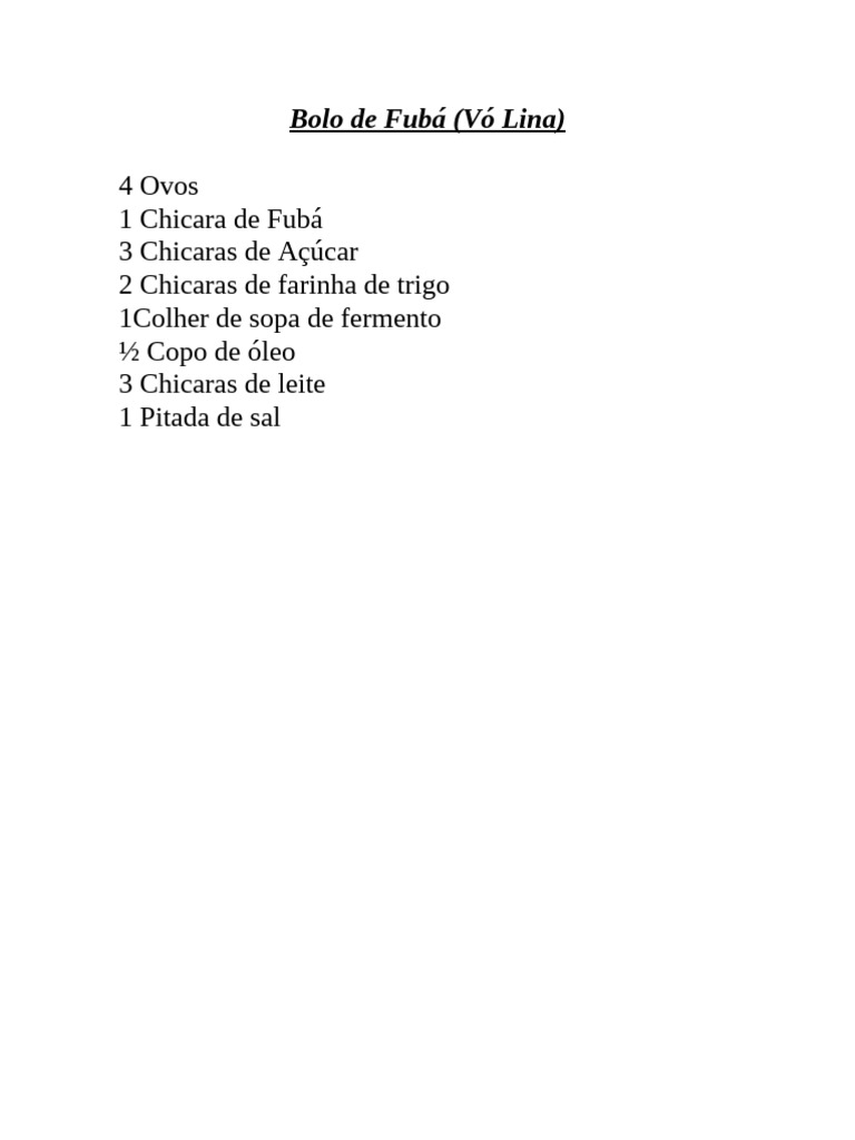 Receta de Bolo de Fubá Vó Lina | PDF