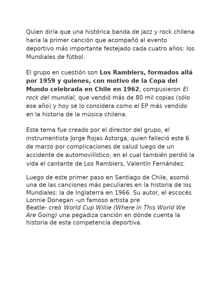 Los Ramblers, Formados Allá Por 1959 y Quienes, Con Motivo de La Copa ...