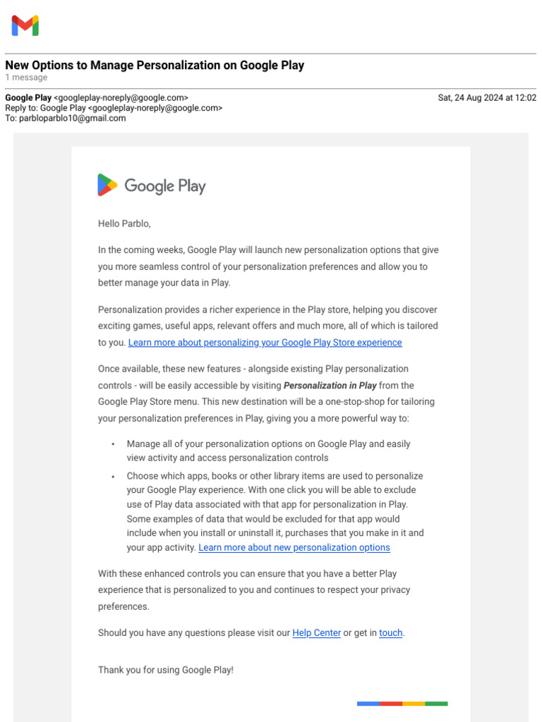 Gmail - New Options To Manage Personalization On Google Play | PDF ...