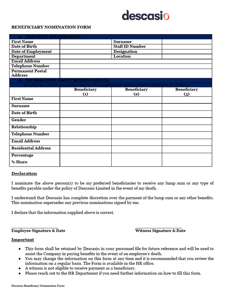 Descasio Beneficiary Form - Docx (1) (1) 3 | PDF
