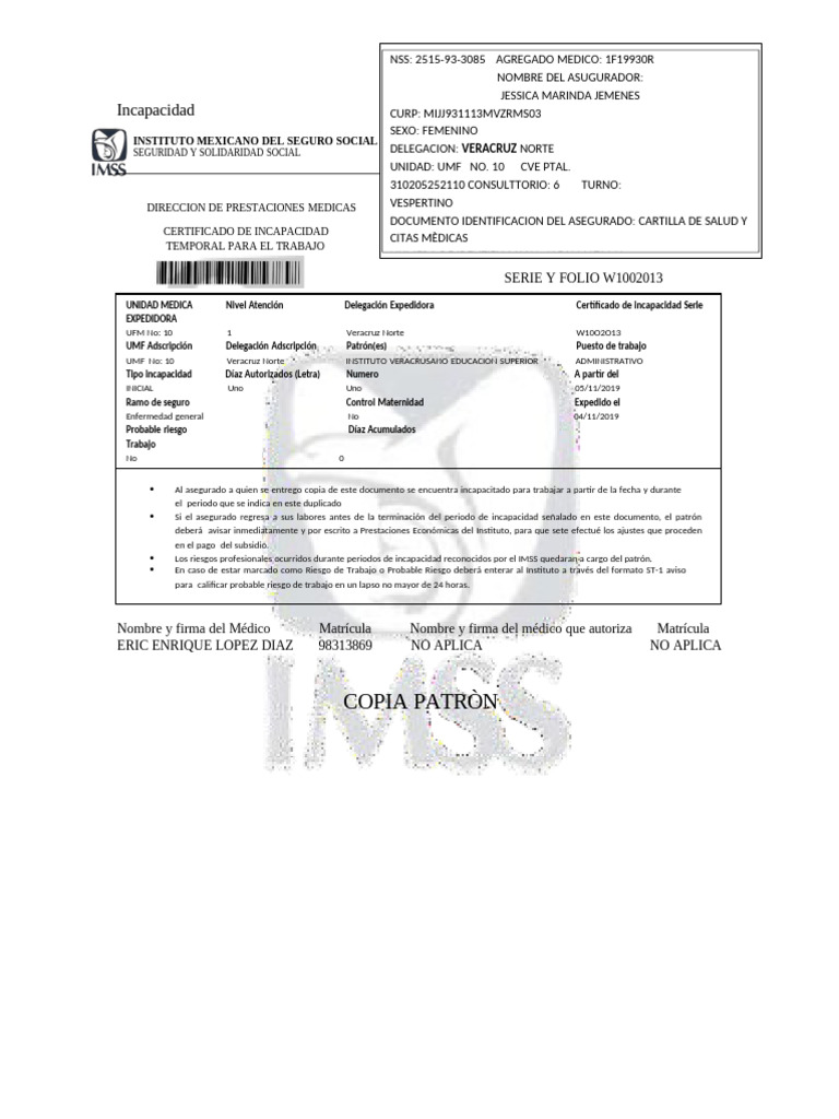 Certificado de Incapacidad Temporal IMSS | PDF