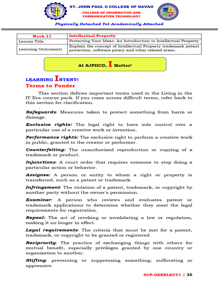 Ict-Scp-Genelect1-Midterm-Week 11 | PDF | Trademark | Intellectual Property