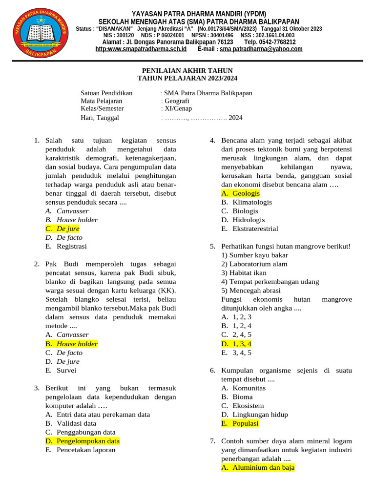 Soal PAT Geografi (XI) - Maimunah salinan | PDF