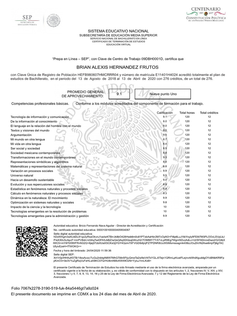 CERTIFICADO PREPA EN LINEA SEP | PDF | Plan de estudios