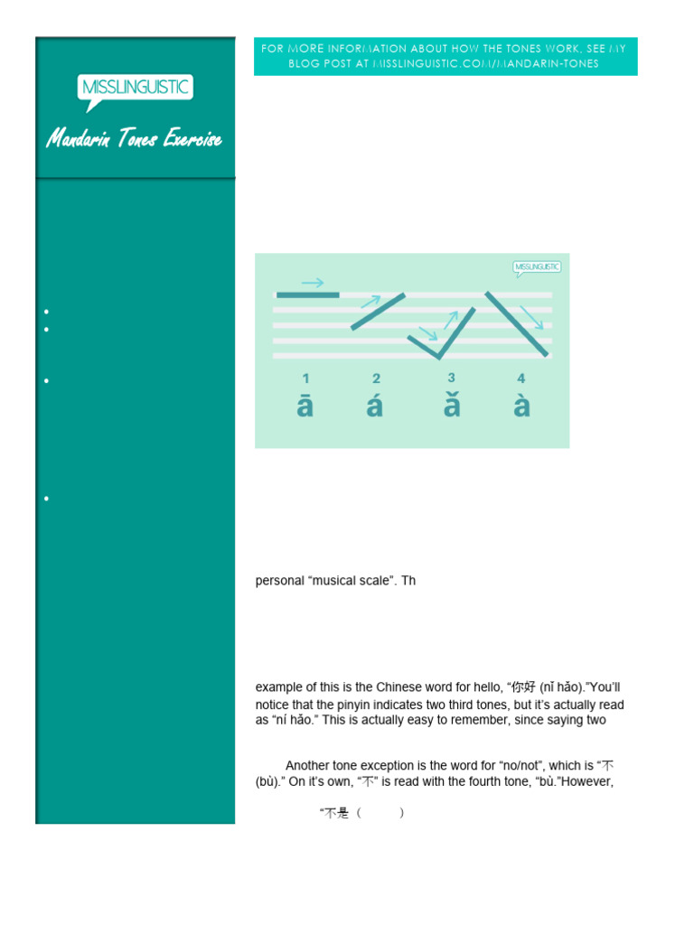 MISSLINGUISTIC Tone Exercise Accompanying PDF | PDF | Tone (Linguistics) | Linguistics