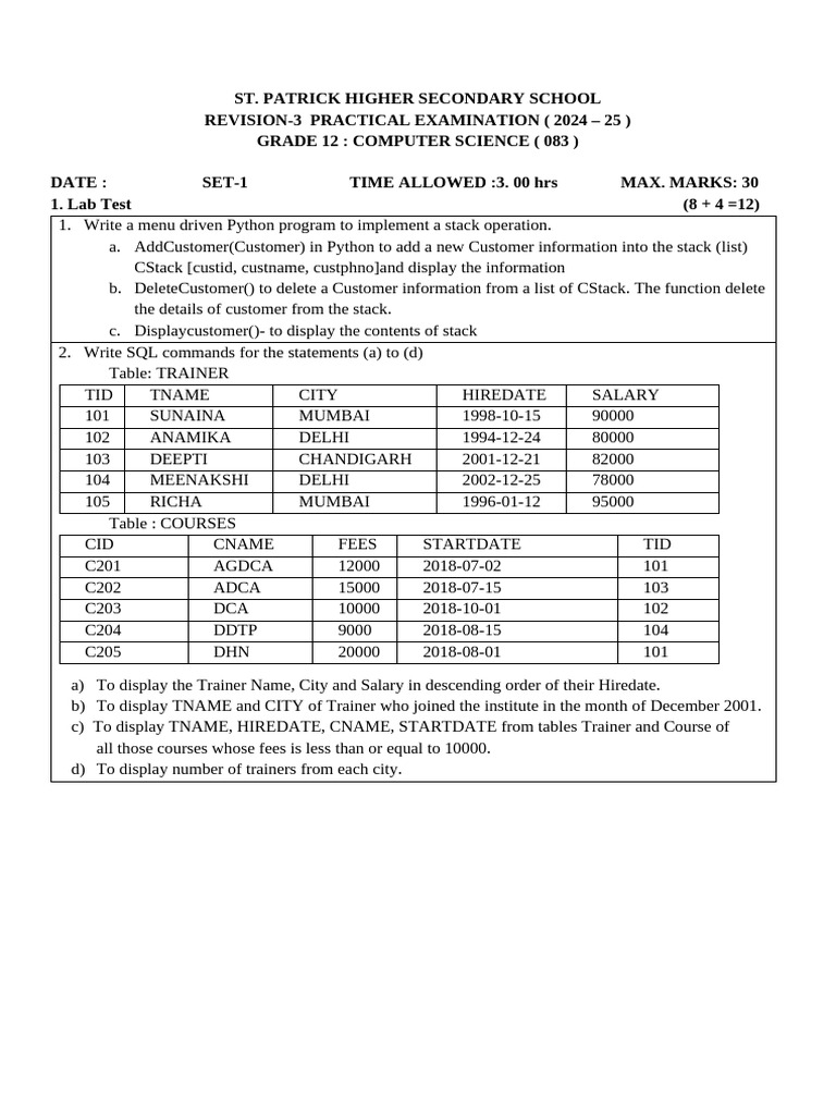 Xii Cs Rev 3 Practical Qp | PDF | Sql | Computing