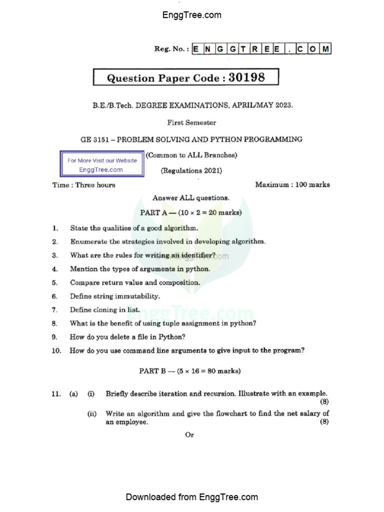 GE3151 Problem Solving and Python Programming Apr May 2023 Question Paper Download | PDF